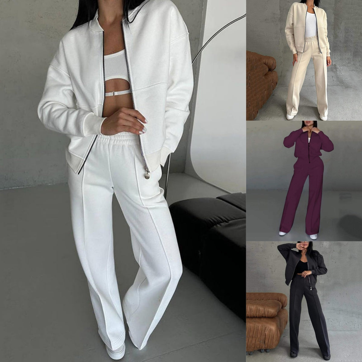 Women's Two-Piece Relaxed Fit Set - Zippered Jacket and Wide-Leg Pants ...