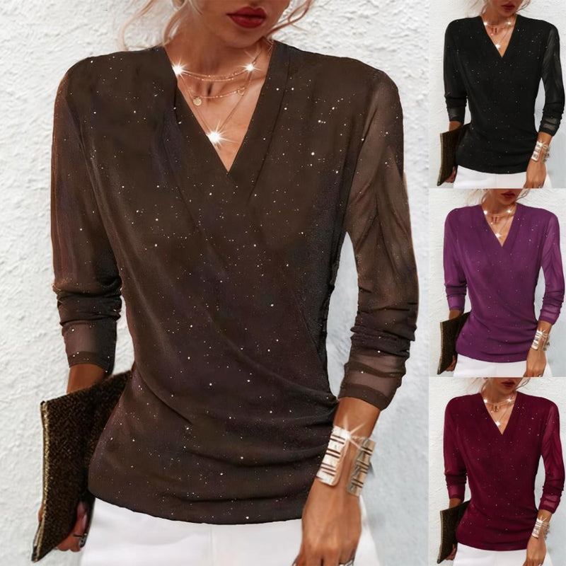 Women's Sparkle Crossover V-Neck Long Sleeve Top – aimtoyou